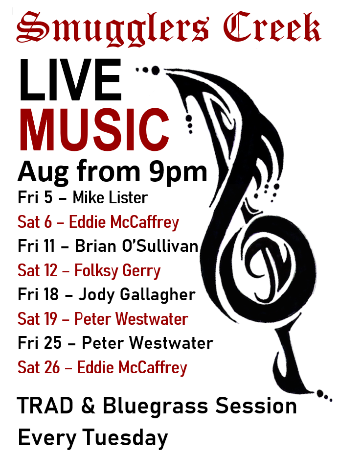 August Live Music Session Line Up 2023 - Smugglers Creek Inn
